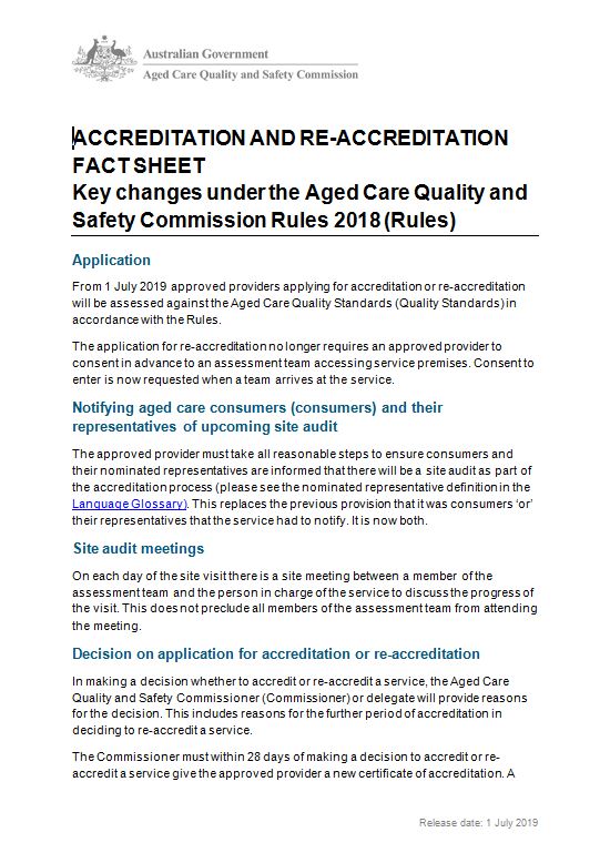 Accreditation and re-accreditation key changes fact sheet | Aged Care Quality and Safety Commission